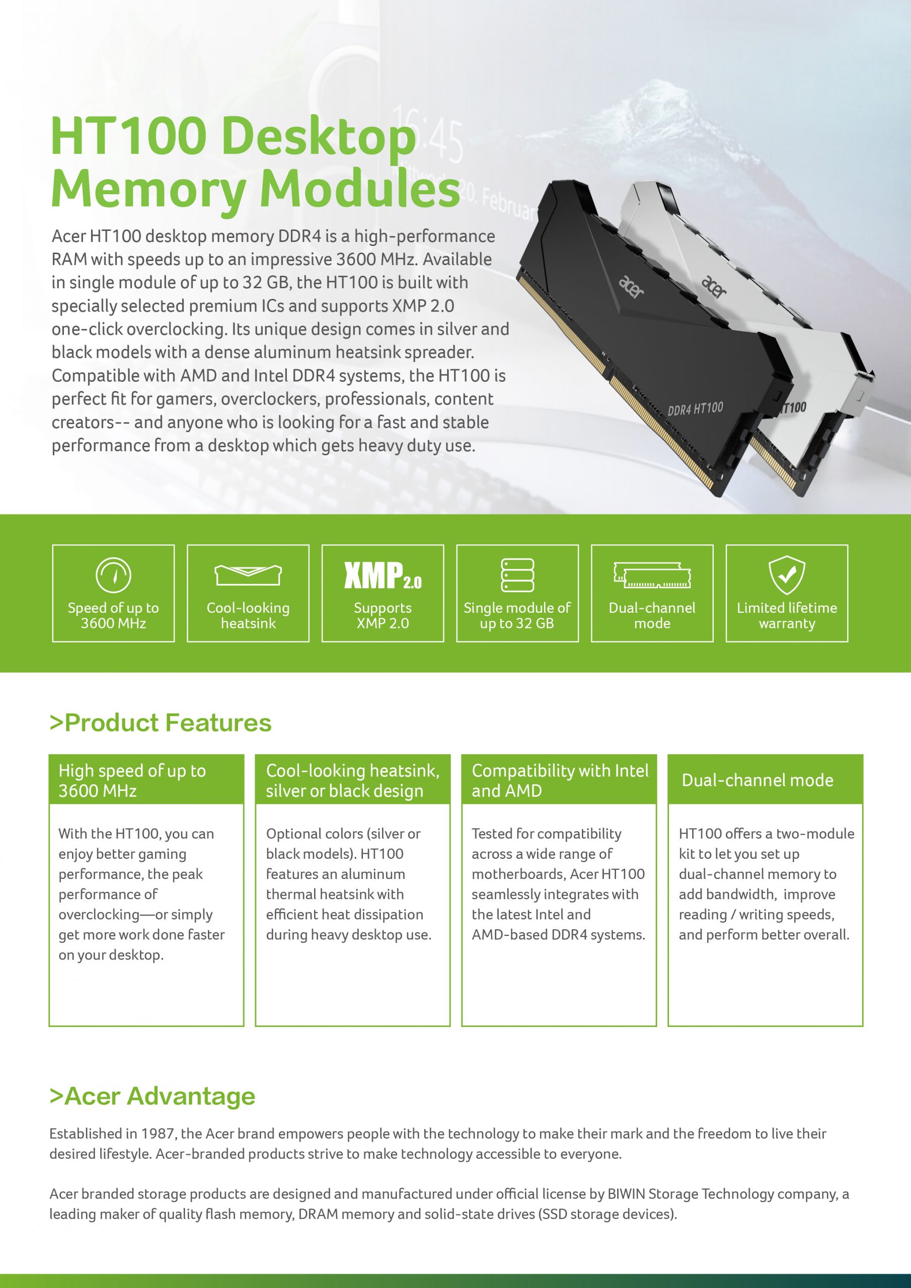 RAM PC (แรมพีซี) ACER HT100 DDR4 8GB 2666MHz - THREE B INTERTRADE ...